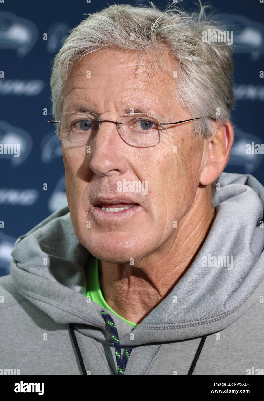 London, UK. 12th October, 2018. Head Coach Pete Carroll at the Seattle ...