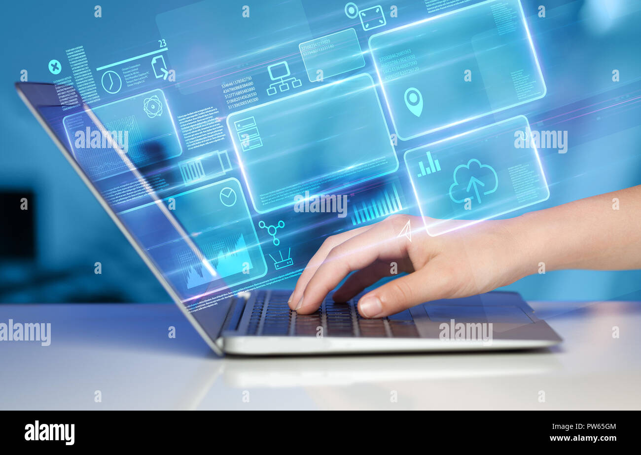 Hand using laptop with database reports and online work concept Stock ...