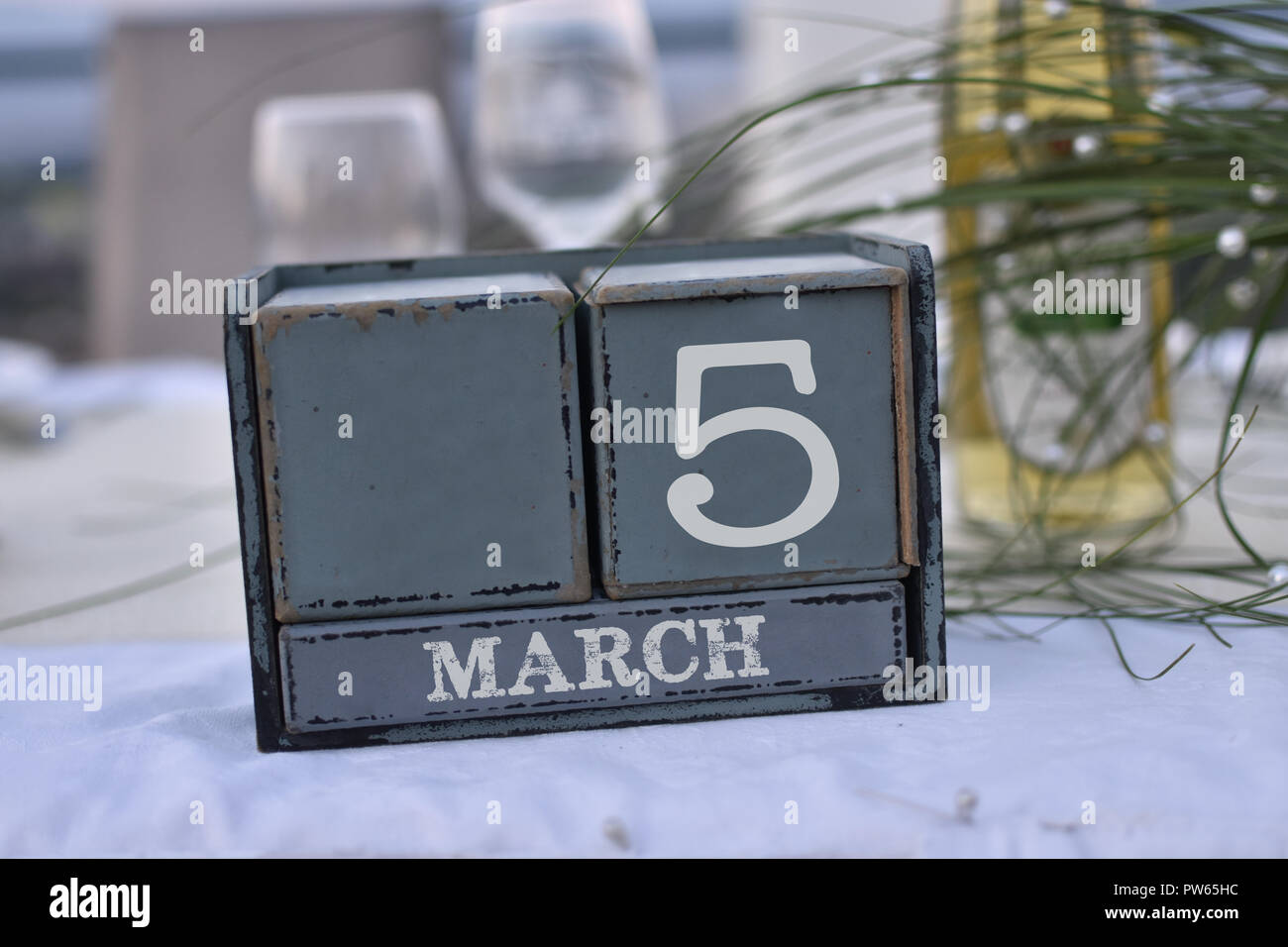 Wood blocks in box with date, day and month 5 March. Wooden blocks ...