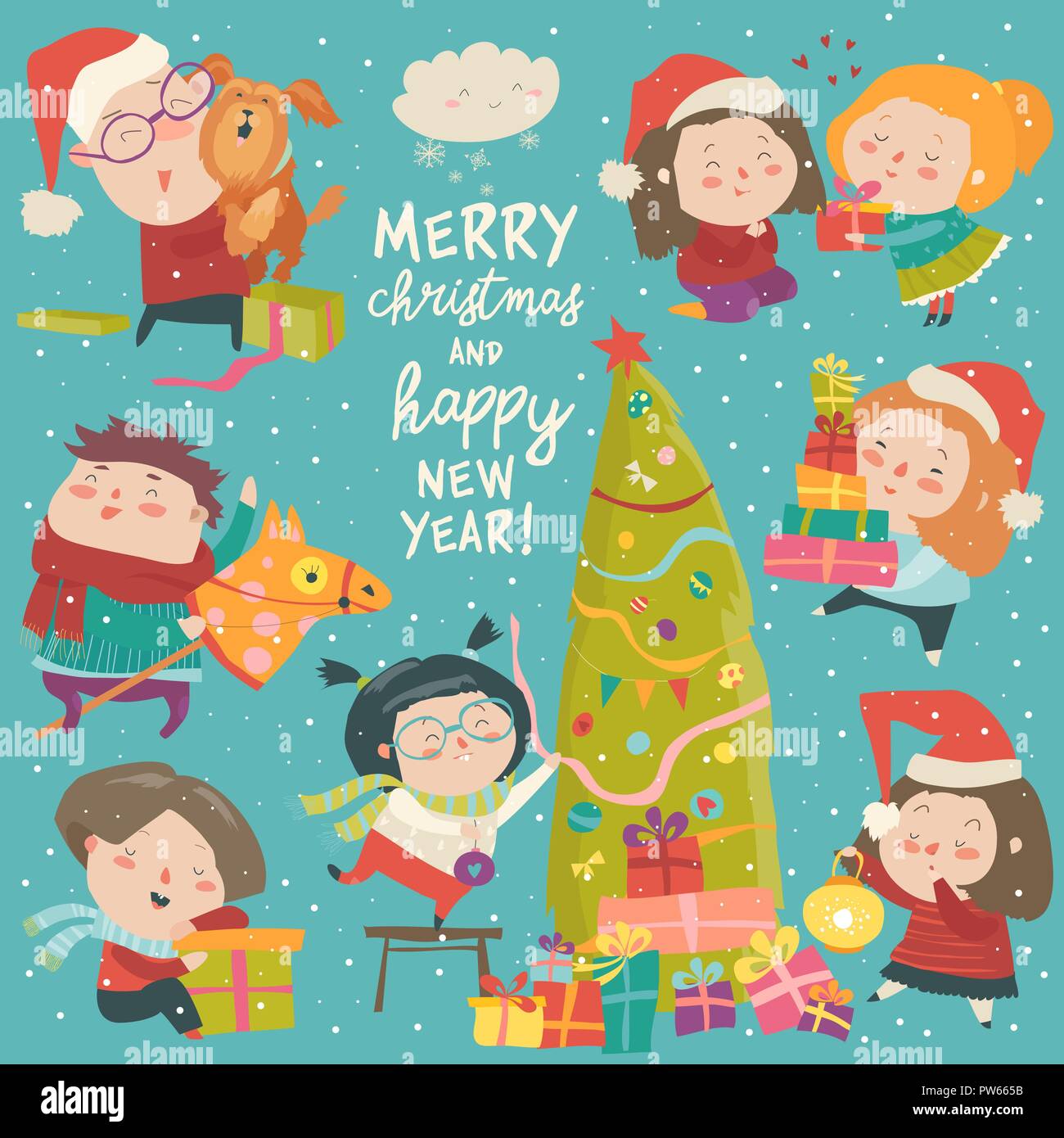 Happy cartoon children with Christmas decor. Merry Christmas Stock ...