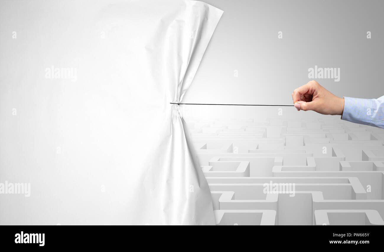 Hand pulling paper curtain, changing scene concept Stock Photo - Alamy