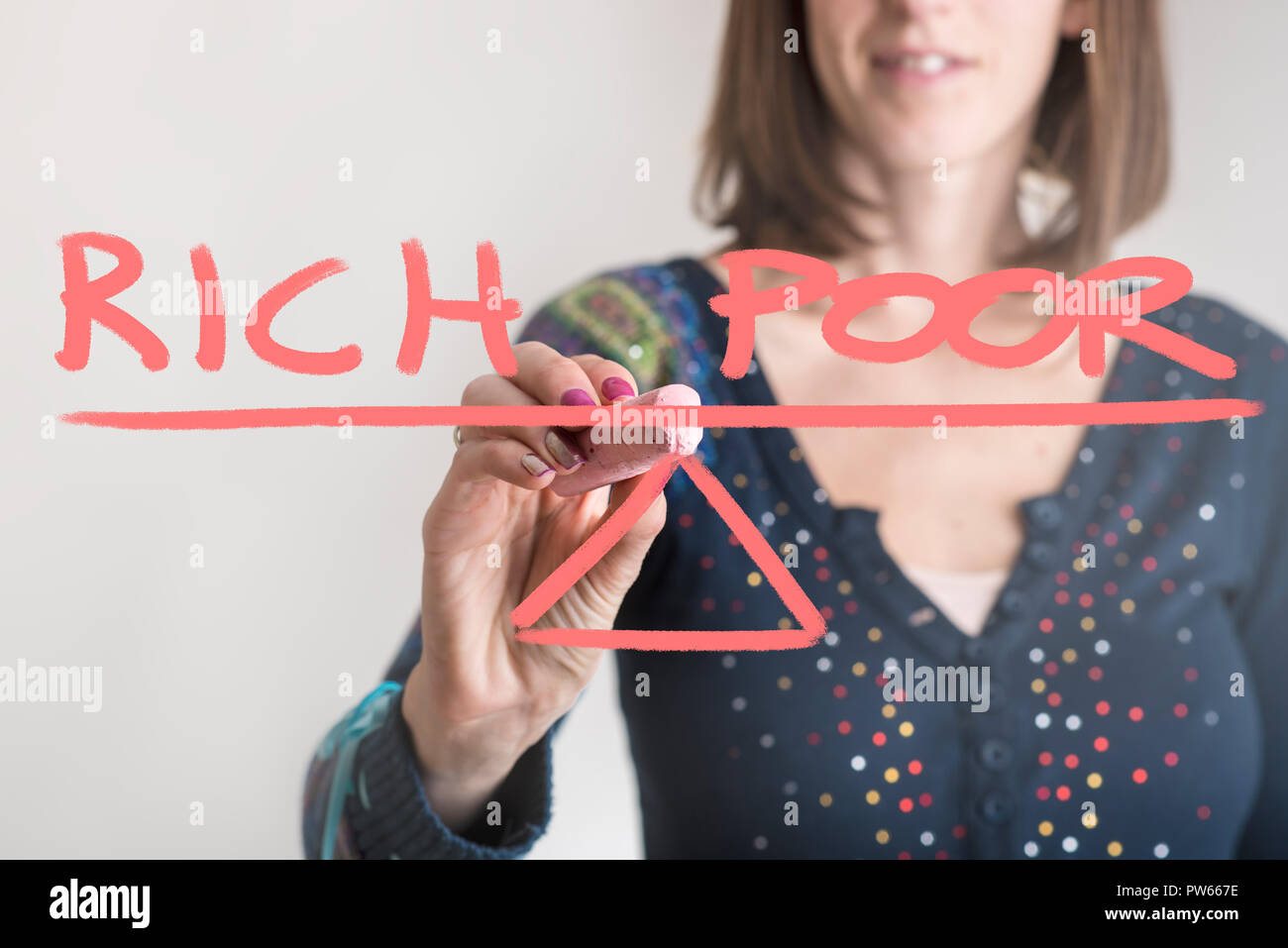 Rich - Poor balance concept with a woman drawing a seesaw with text on ...