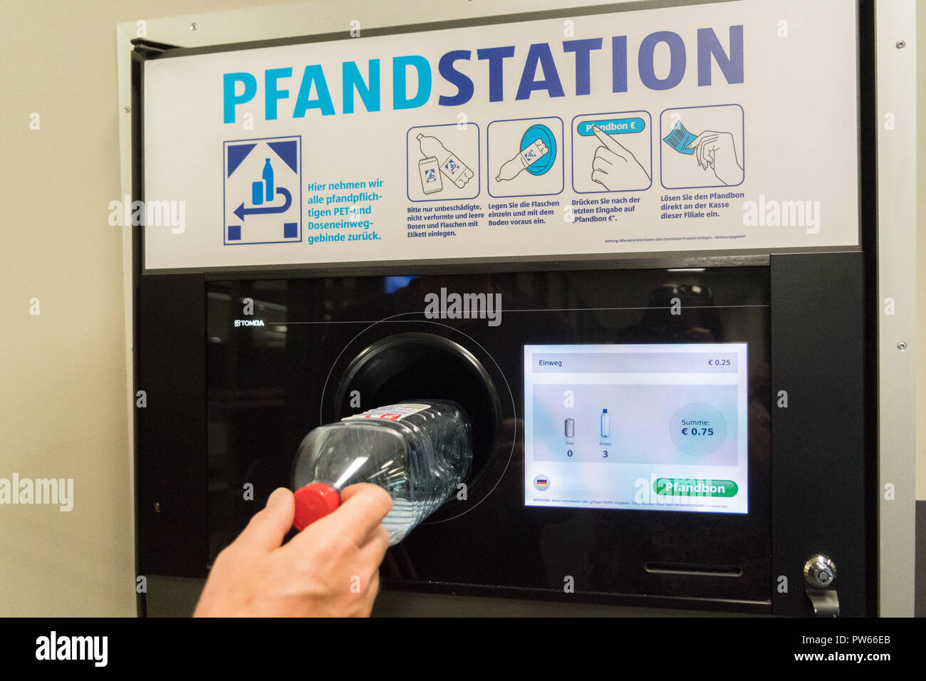 Man putting plastic bottle in pfand station in German supermarket Stock ...