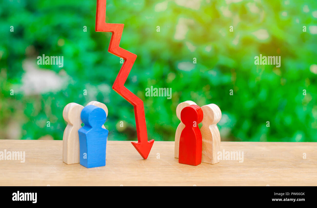 Two groups of people separated by a red arrow. Concept of conflict of ...