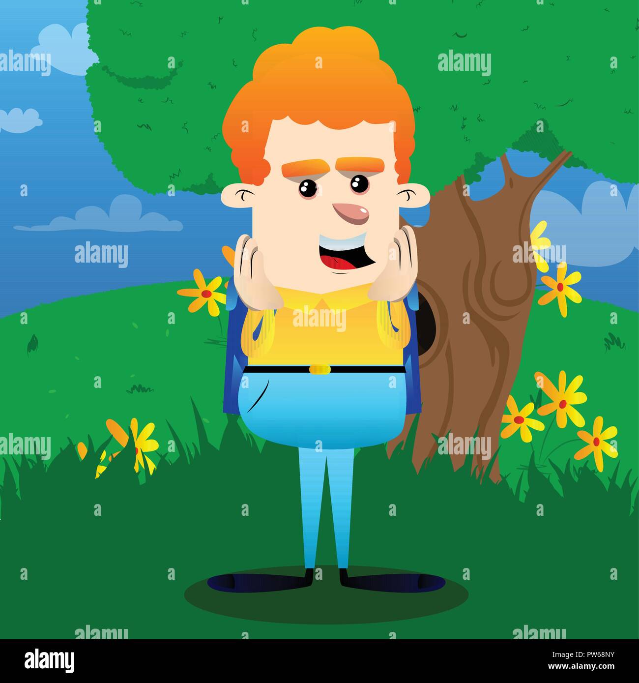 Schoolboy touching his face. Vector cartoon character illustration ...