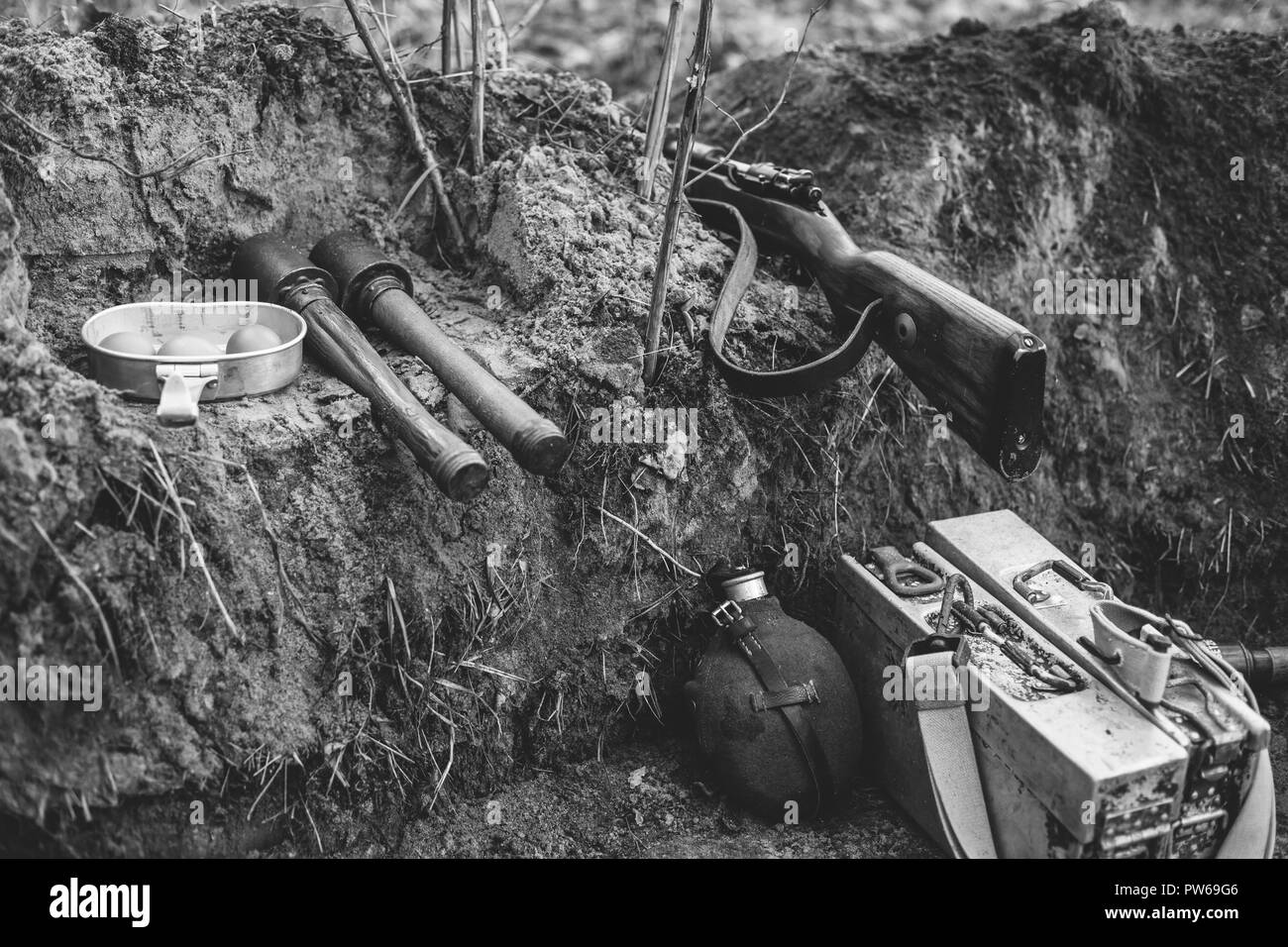 German Military Ammunition Of World War II On Ground. Rifle, Grenades ...