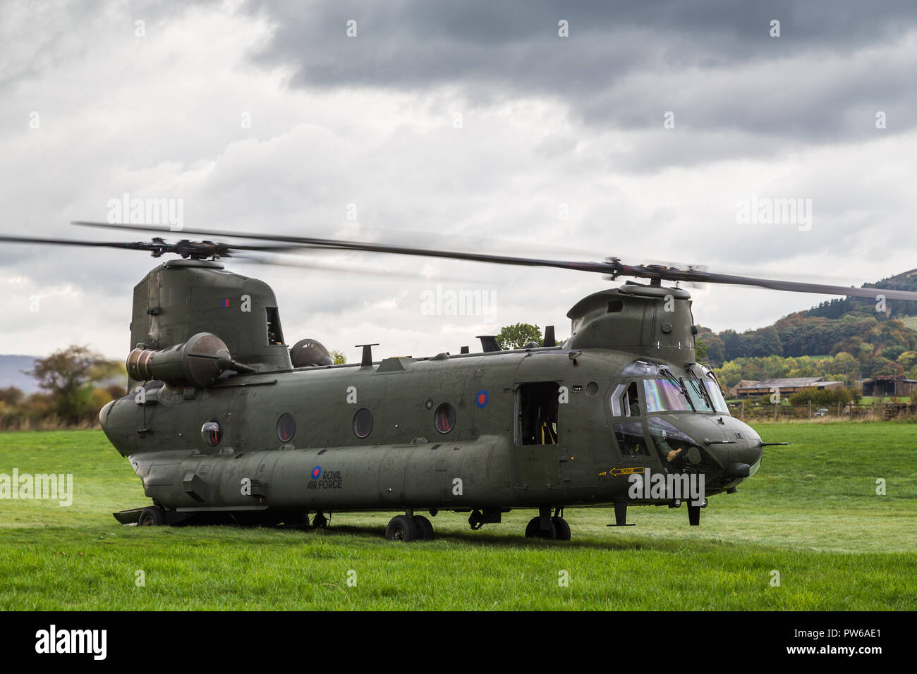 An Royal Air Force CH-47-HC.6A Chinook helicopter powers up to return ...