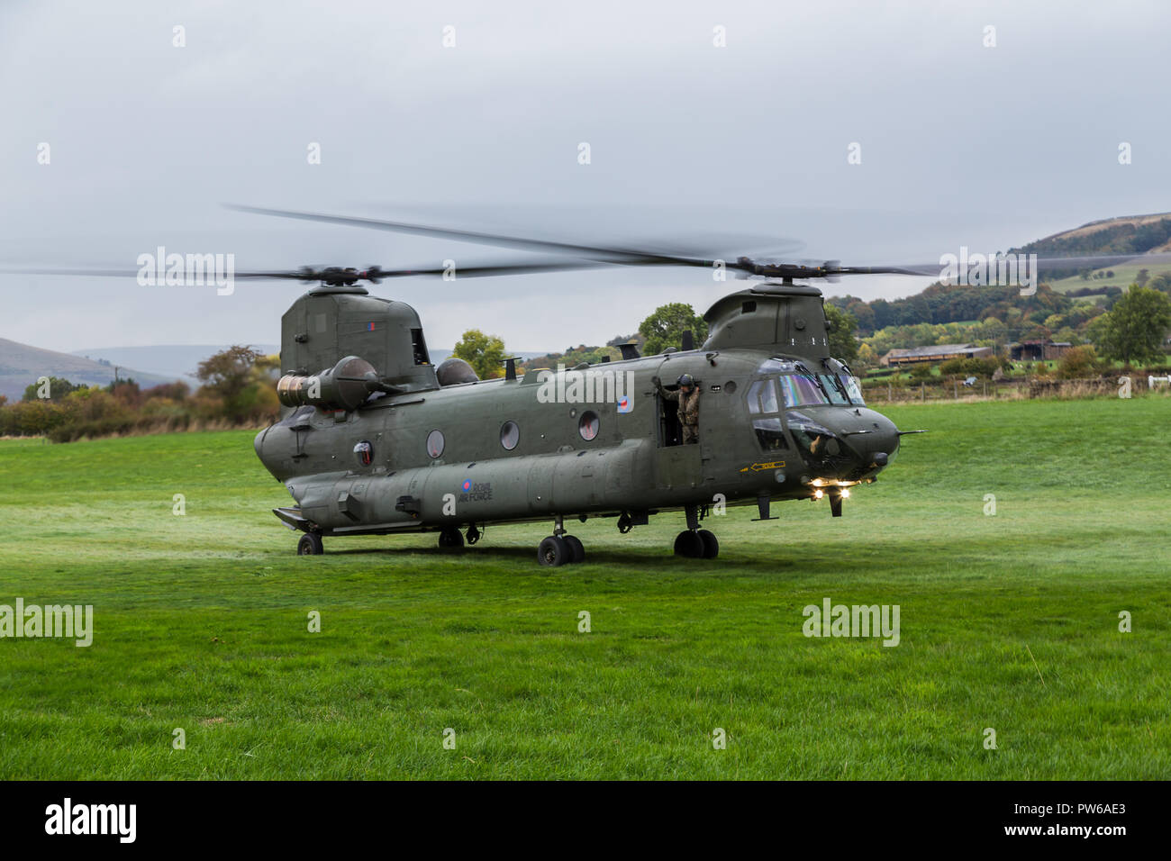 An Royal Air Force CH-47-HC.6A Chinook helicopter lifts into the air to ...