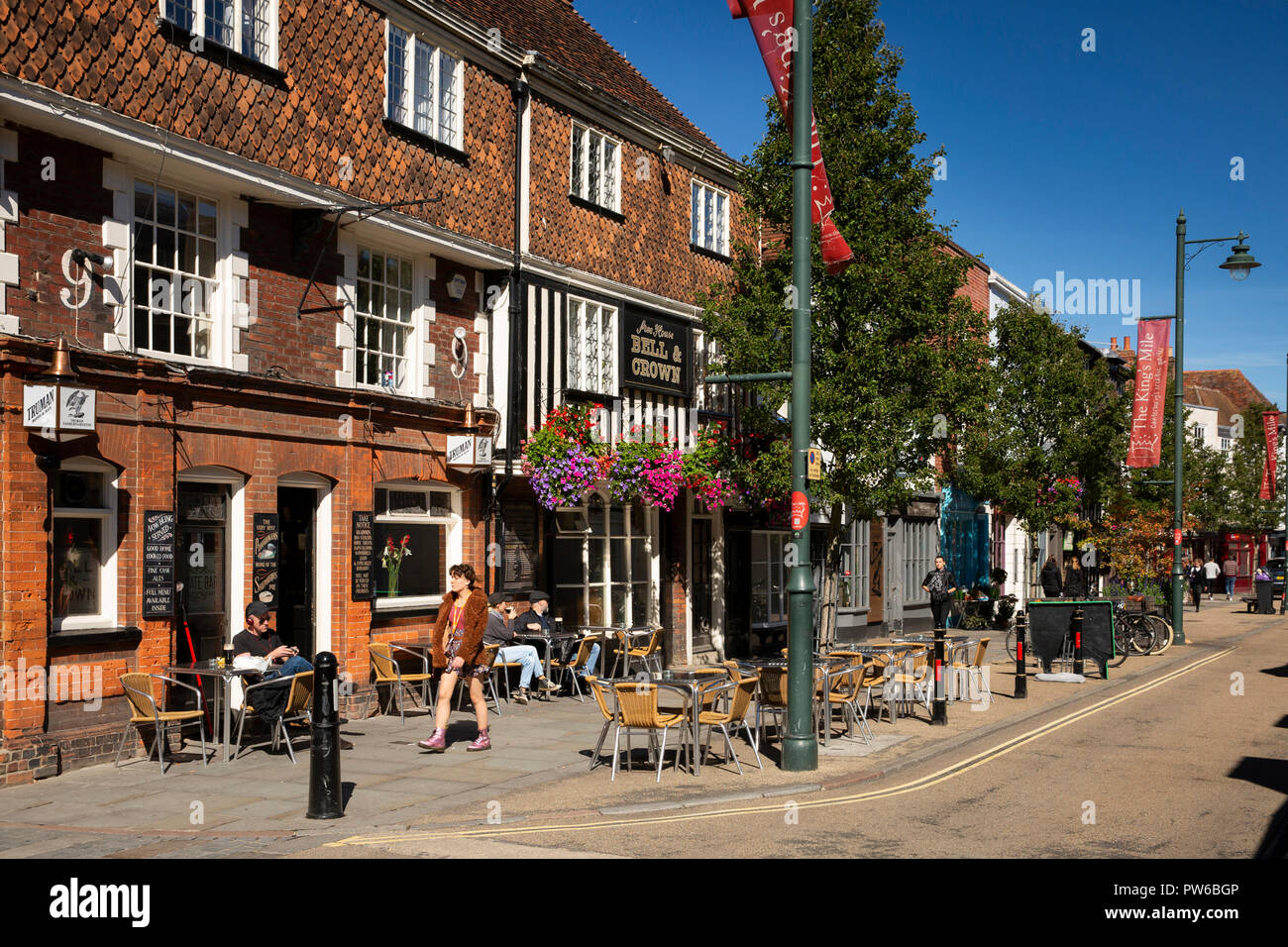 UK, Kent, Canterbury, Palace Street, customers outside tile-hung Bell ...