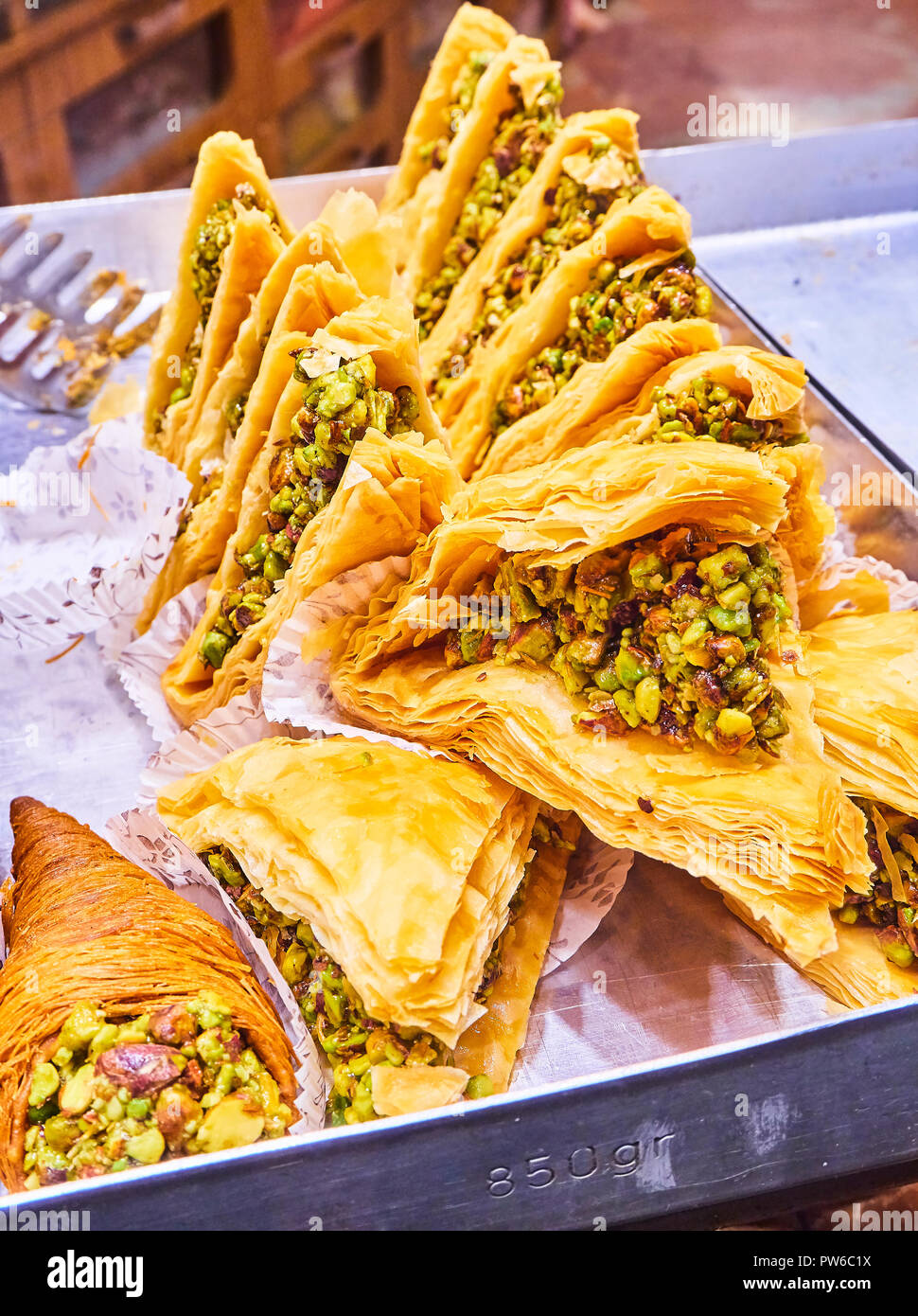 Baklava, a traditional Arab dessert made with layers of Filo, a very ...