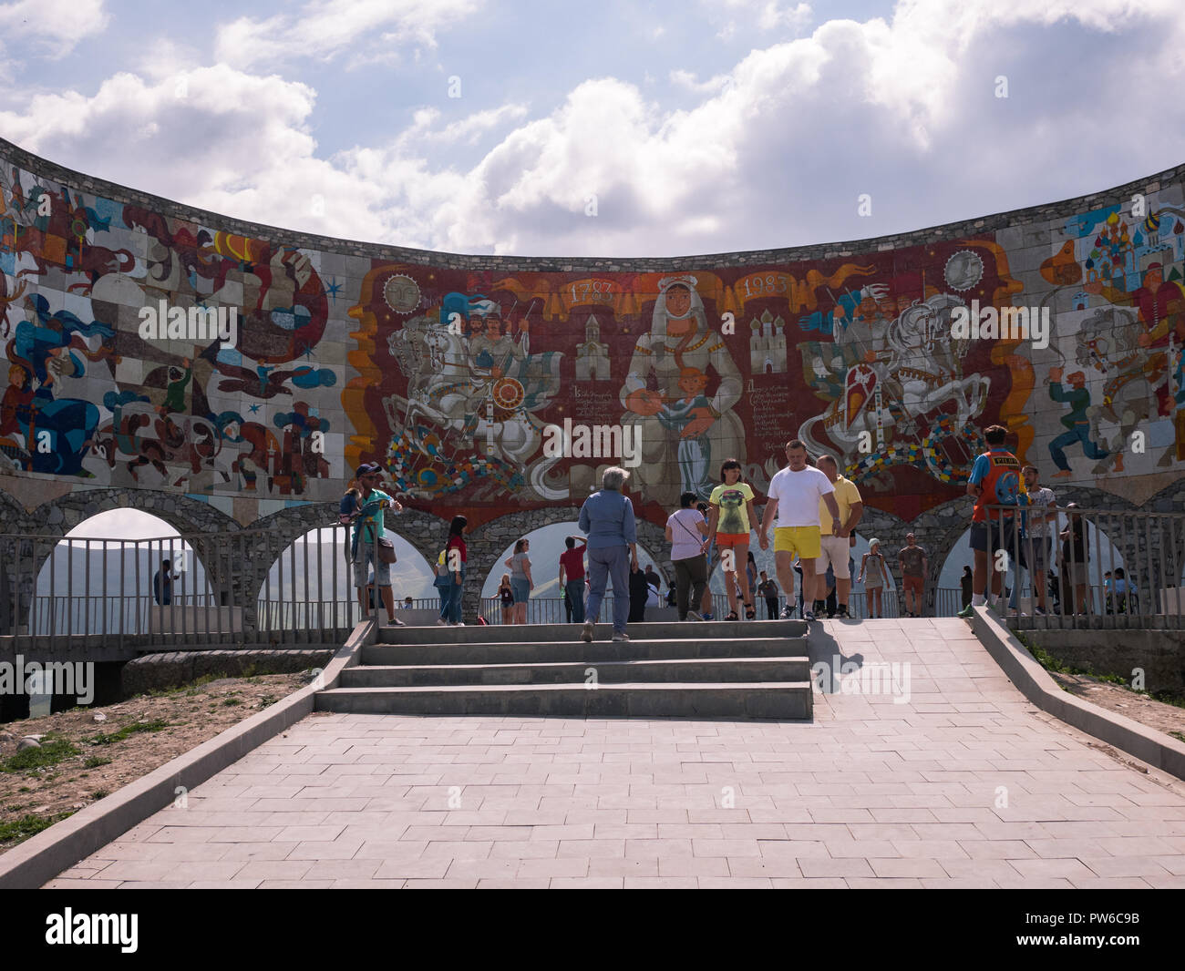 Tourists at the Russia–Georgia Friendship Monument in the Jvari Pass in ...