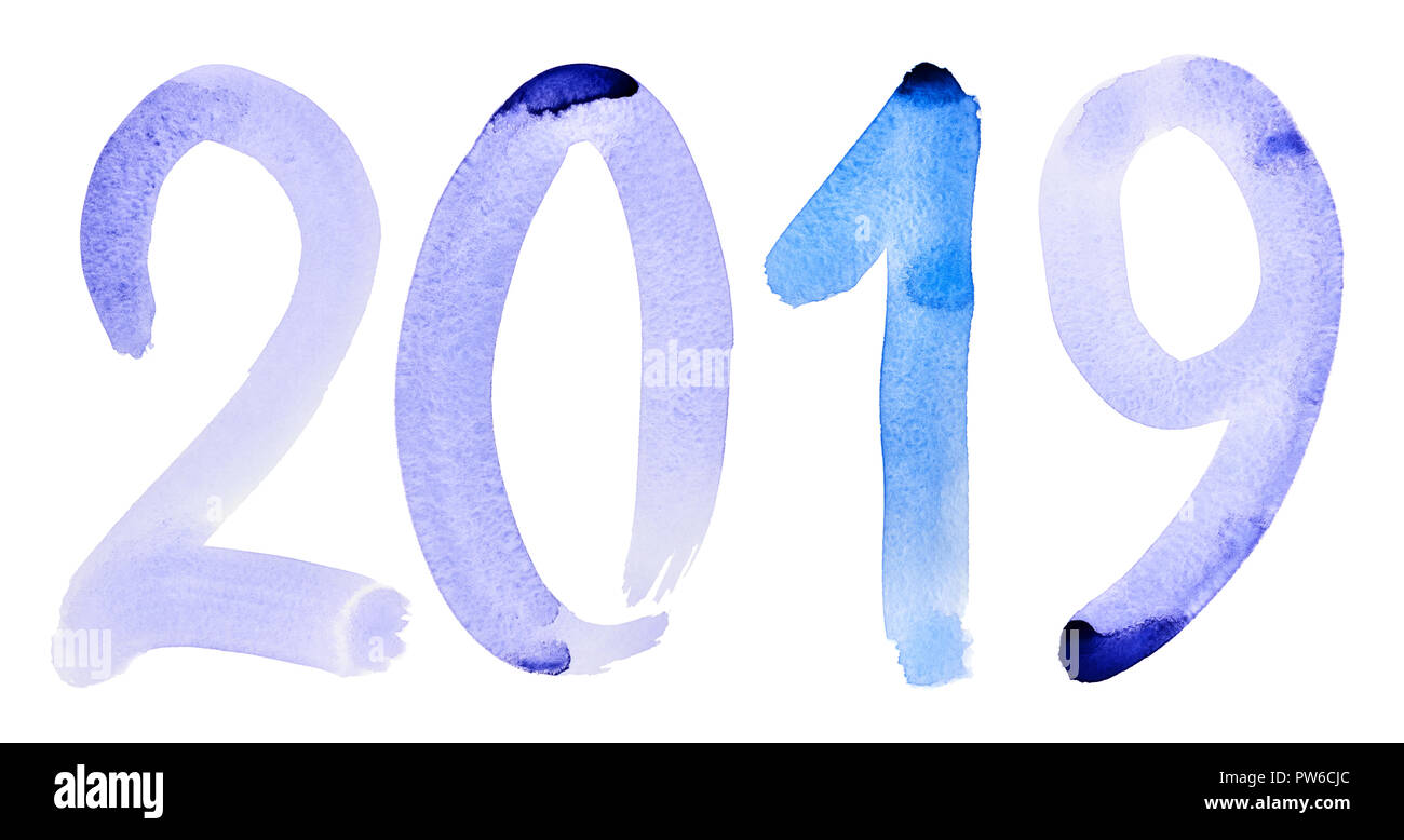 New year 2019 - Hand drawn blue watercolor number isolated on the white ...
