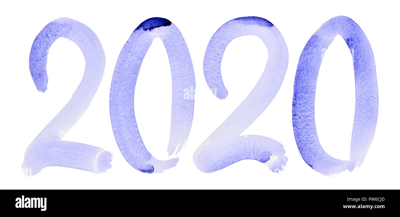 New year 2020 - Blue hand drawn watercolor number isolated on the white ...
