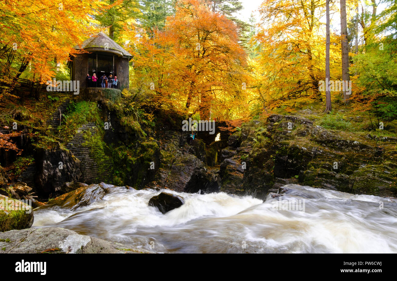 Autumn view of Ossian’s Hall overlooking cascade of Black Linn Falls on ...