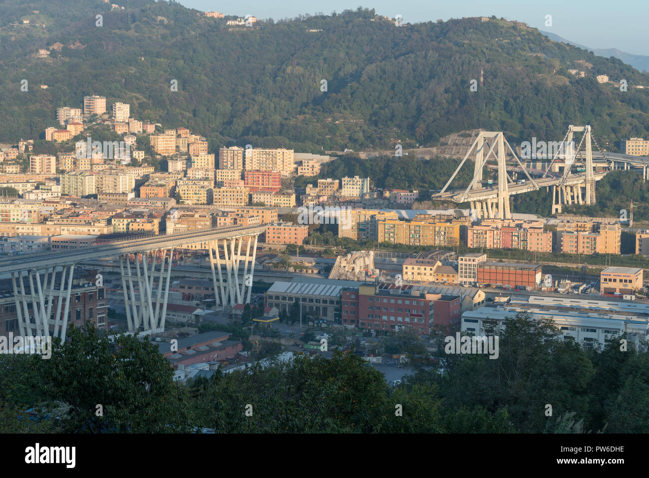 Genoa, Italy. The remains of the Morandi Bridge, after a section ...