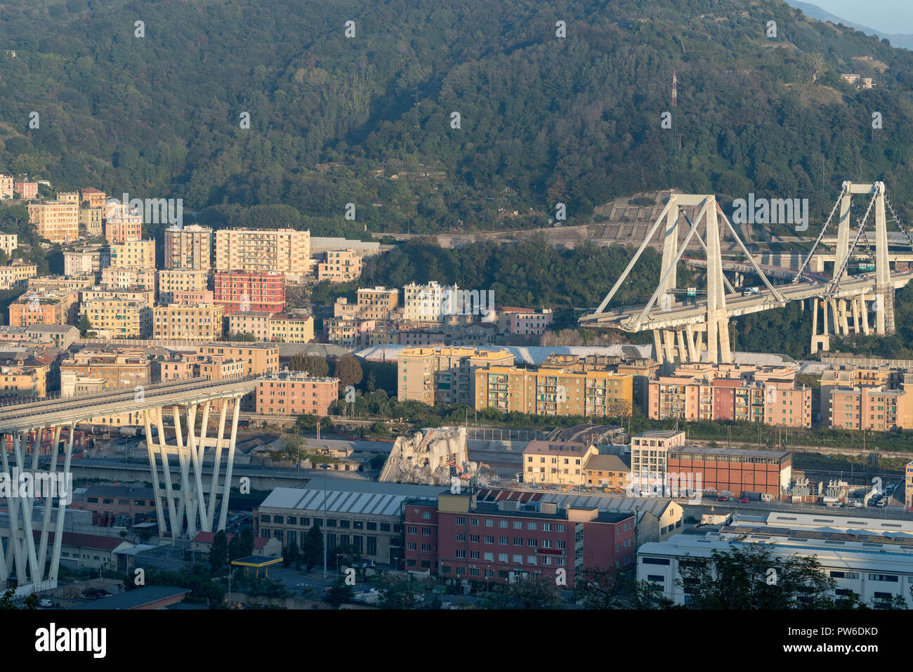 Genoa, Italy. The remains of the Morandi Bridge, after a section ...