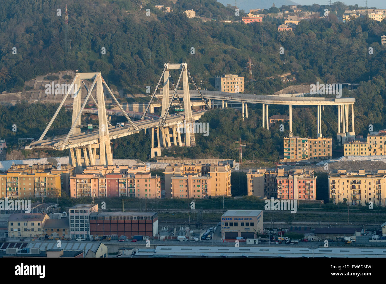 Genoa, Italy. The remains of the Morandi Bridge, after a section ...