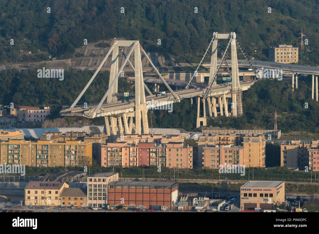 Genoa, Italy. The remains of the Morandi Bridge, after a section ...