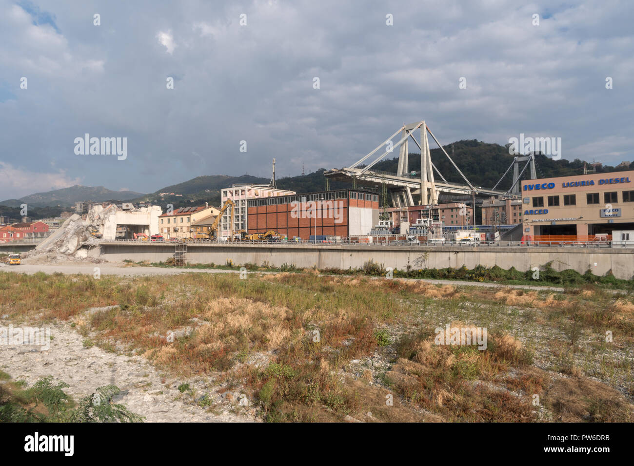 Genoa, Italy. A section of the partially collapsed Morandi Bridge Stock ...