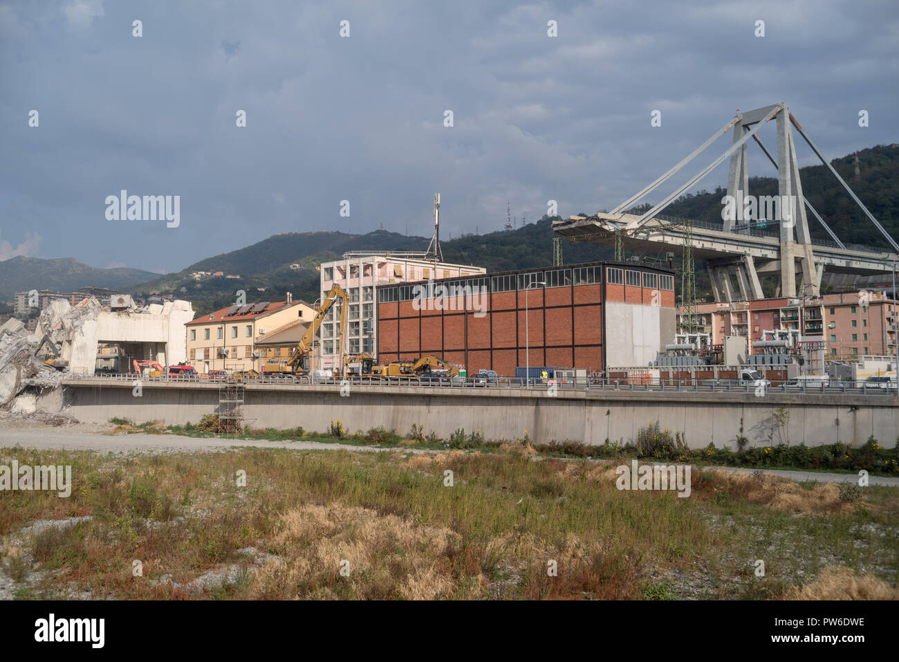 Genoa, Italy. A section of the partially collapsed Morandi Bridge Stock ...