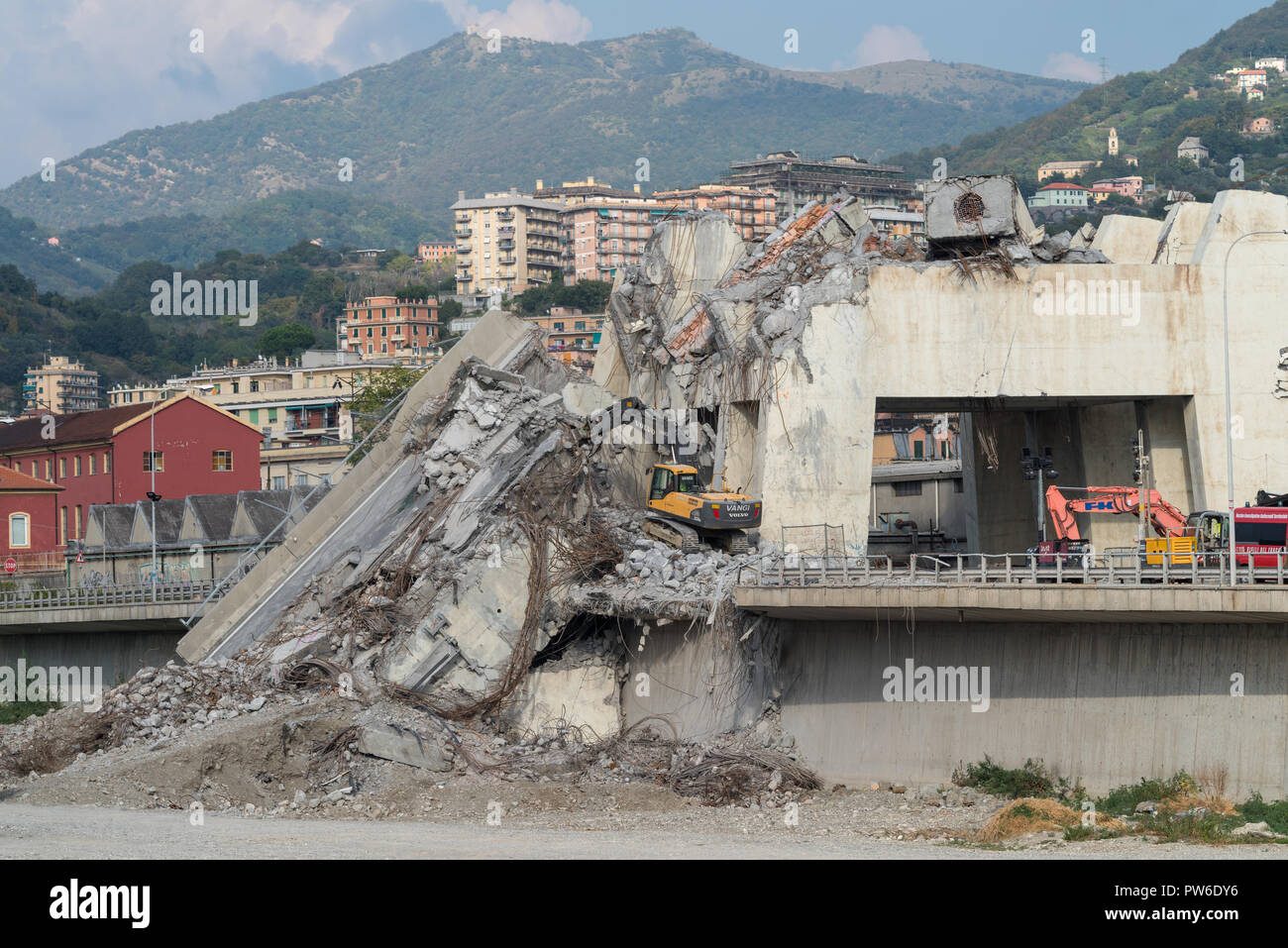 The remains after a section collapse of the Morandi Bridge, Genoa ...