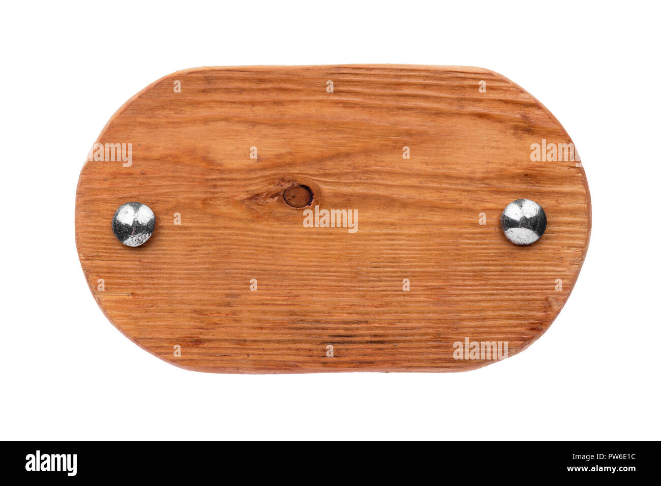 Old oval wooden board with chrome bolts. Isolated on white background ...