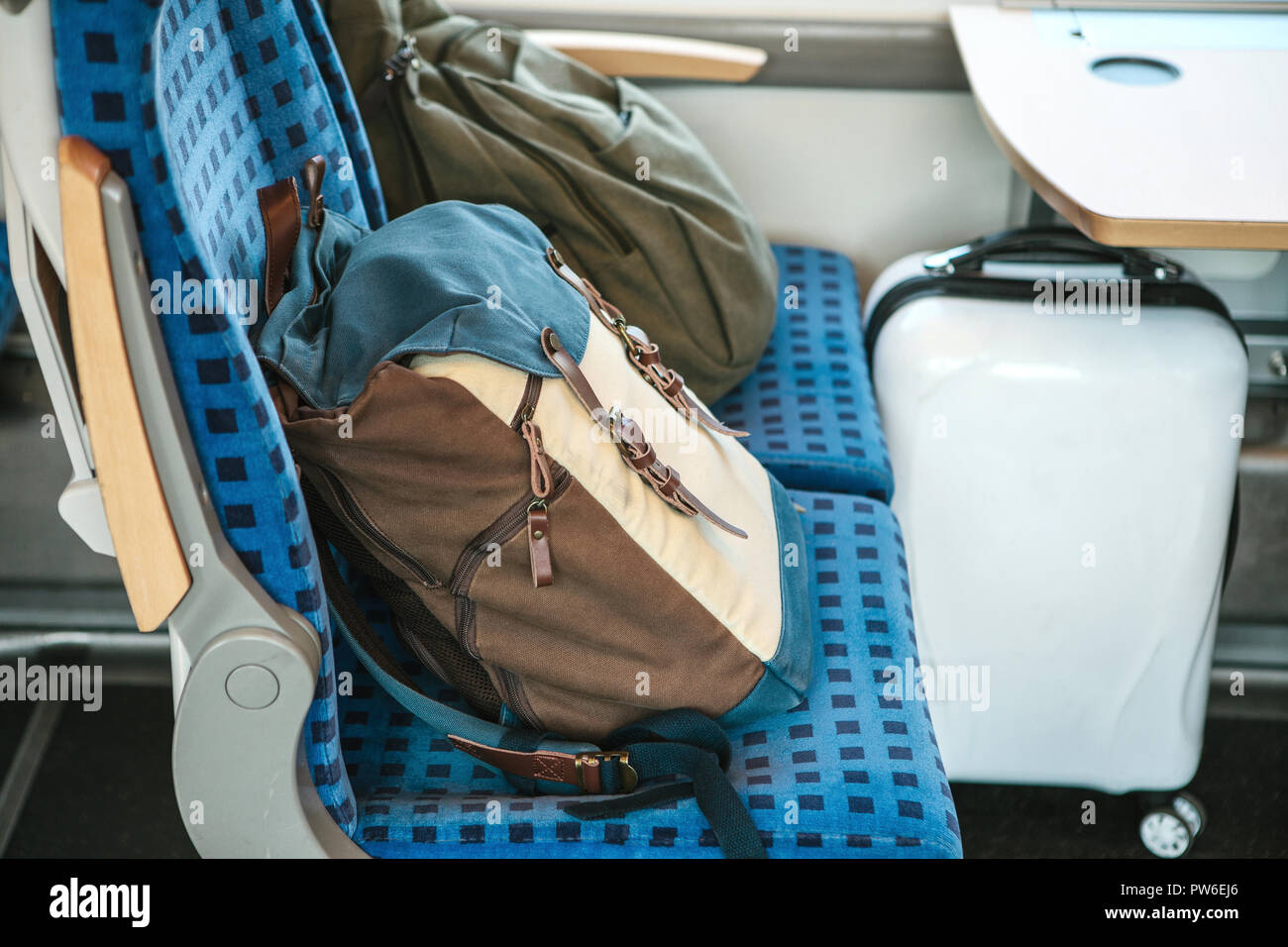 Tourist concept. Two backpacks on the seats in the train. At the bottom ...