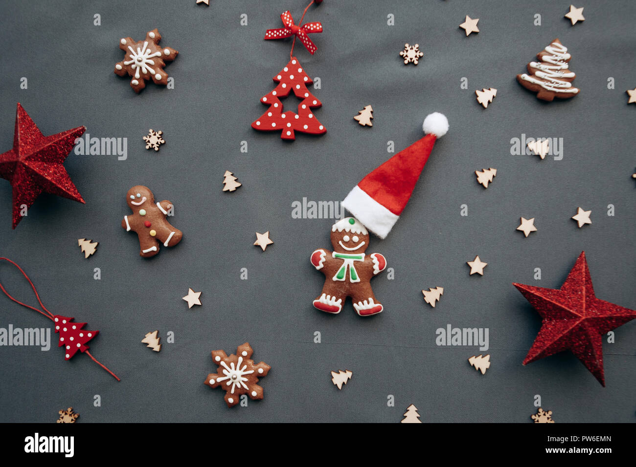 Christmas toys and gingerbread in the form of a traditional ginger man ...