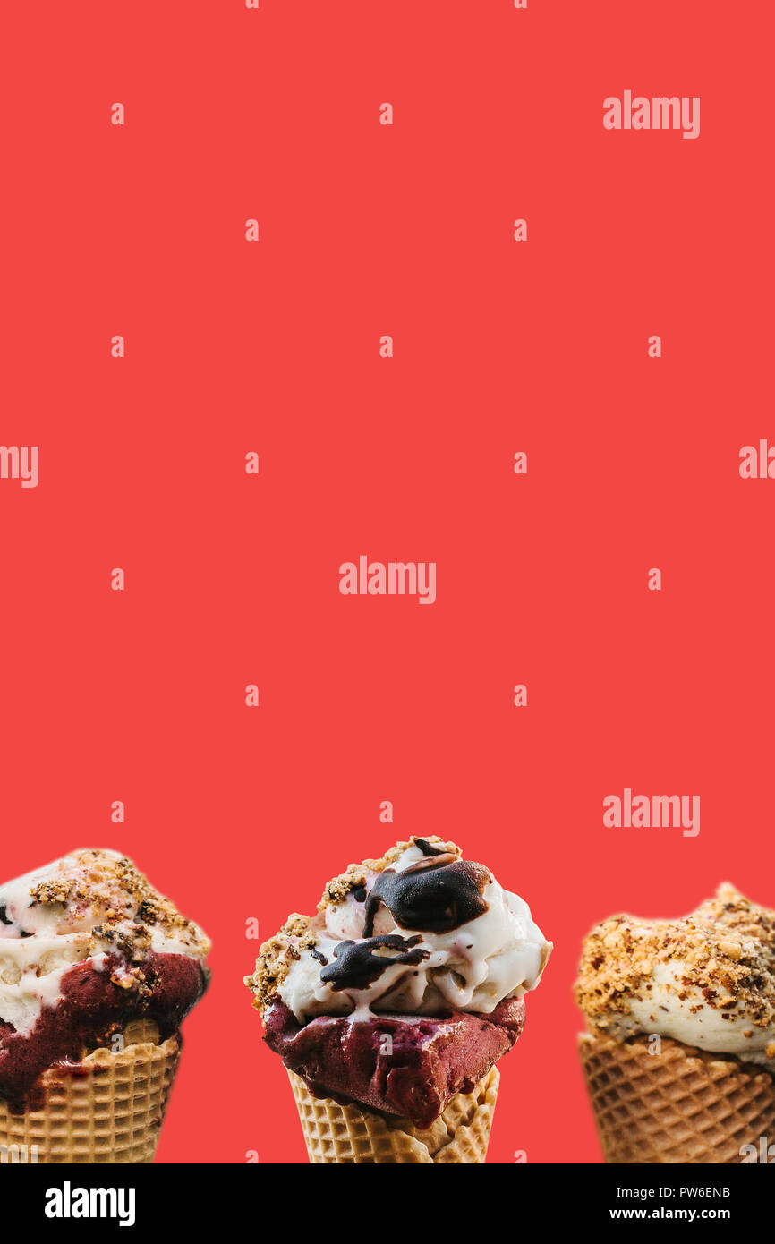 Original idea of a set of ice cream on a red background. Summer concept ...