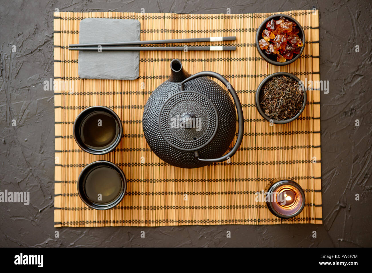 Asian green tea set on bamboo mat Stock Photo - Alamy