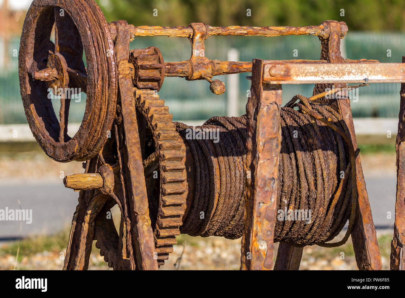 Winch rusty old boat winch for pulling boats up the beach at Seaford ...