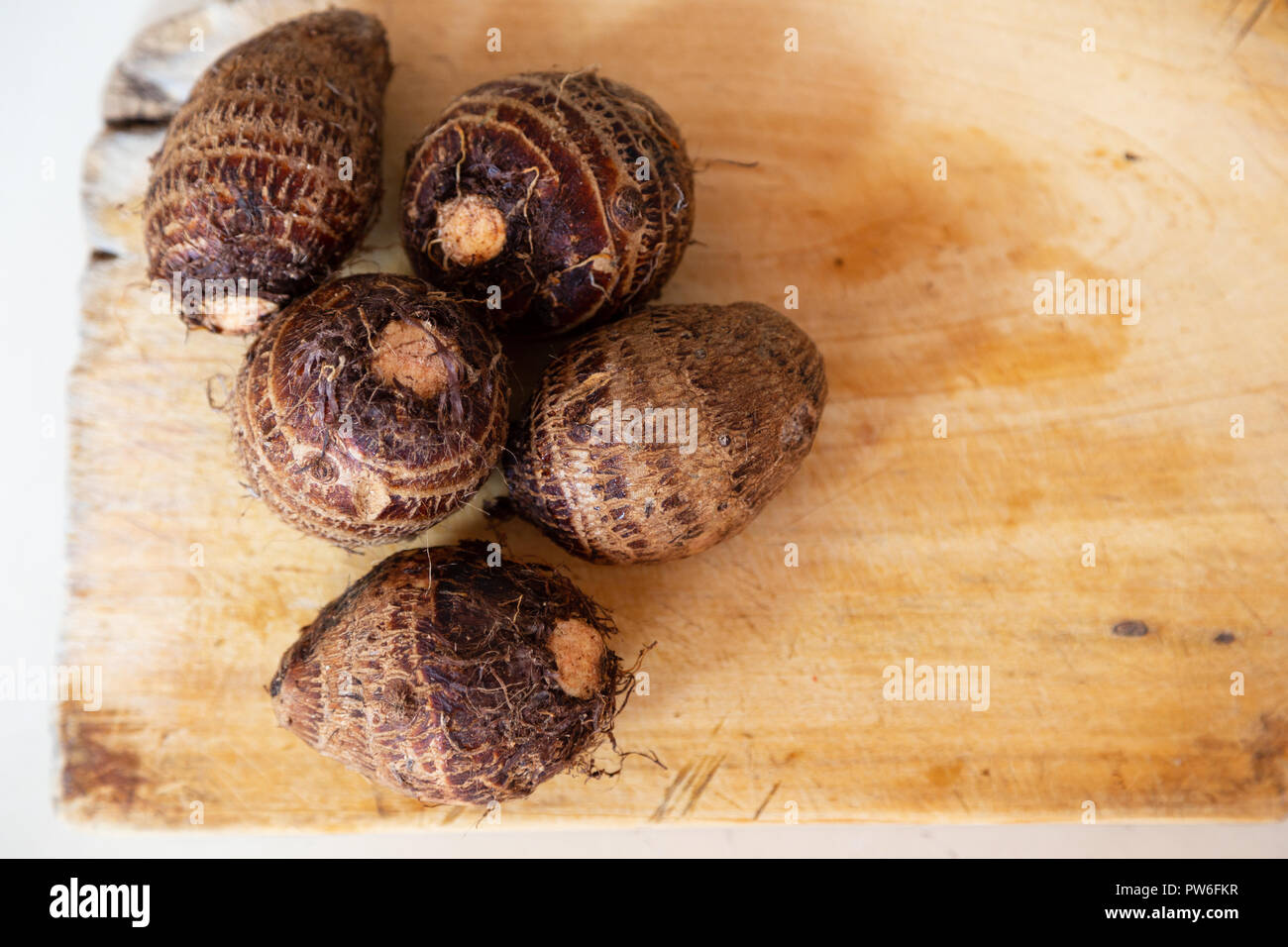 Baby taro corms (Colocasia esculenta), raw on cutting board, Asuncion ...
