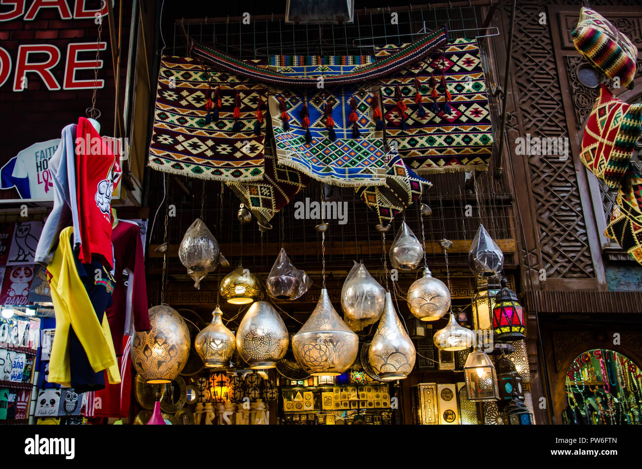 Cairo, Egypt - April 2018. Typical hand made Craftwork store in Cairo ...