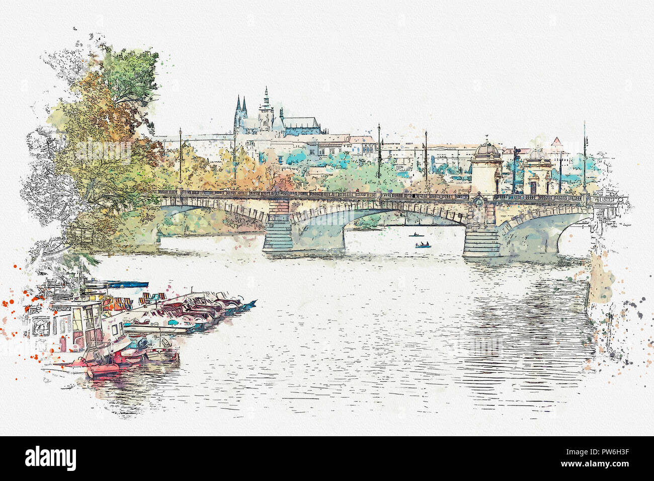 illustration of a beautiful view of Prague in the Czech Republic ...