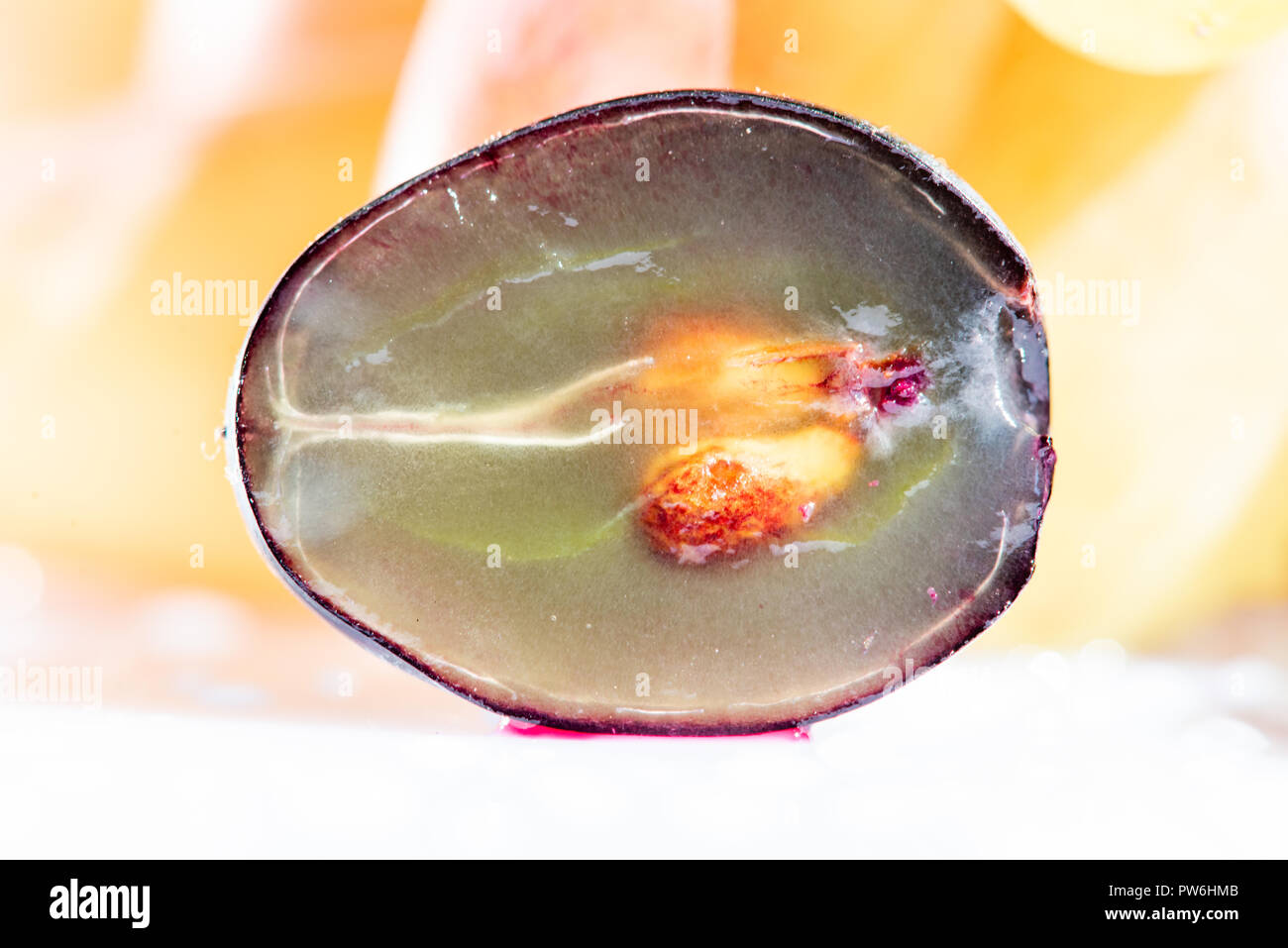 Translucent slice of dark blue grape with seeds Stock Photo - Alamy