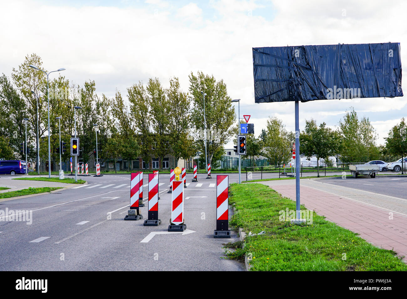 traffic constraints during street repairs in city, warning signs Stock ...