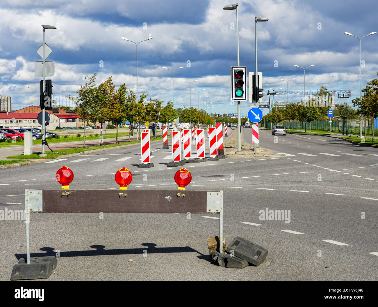 traffic constraints during street repairs in city, warning signs Stock ...