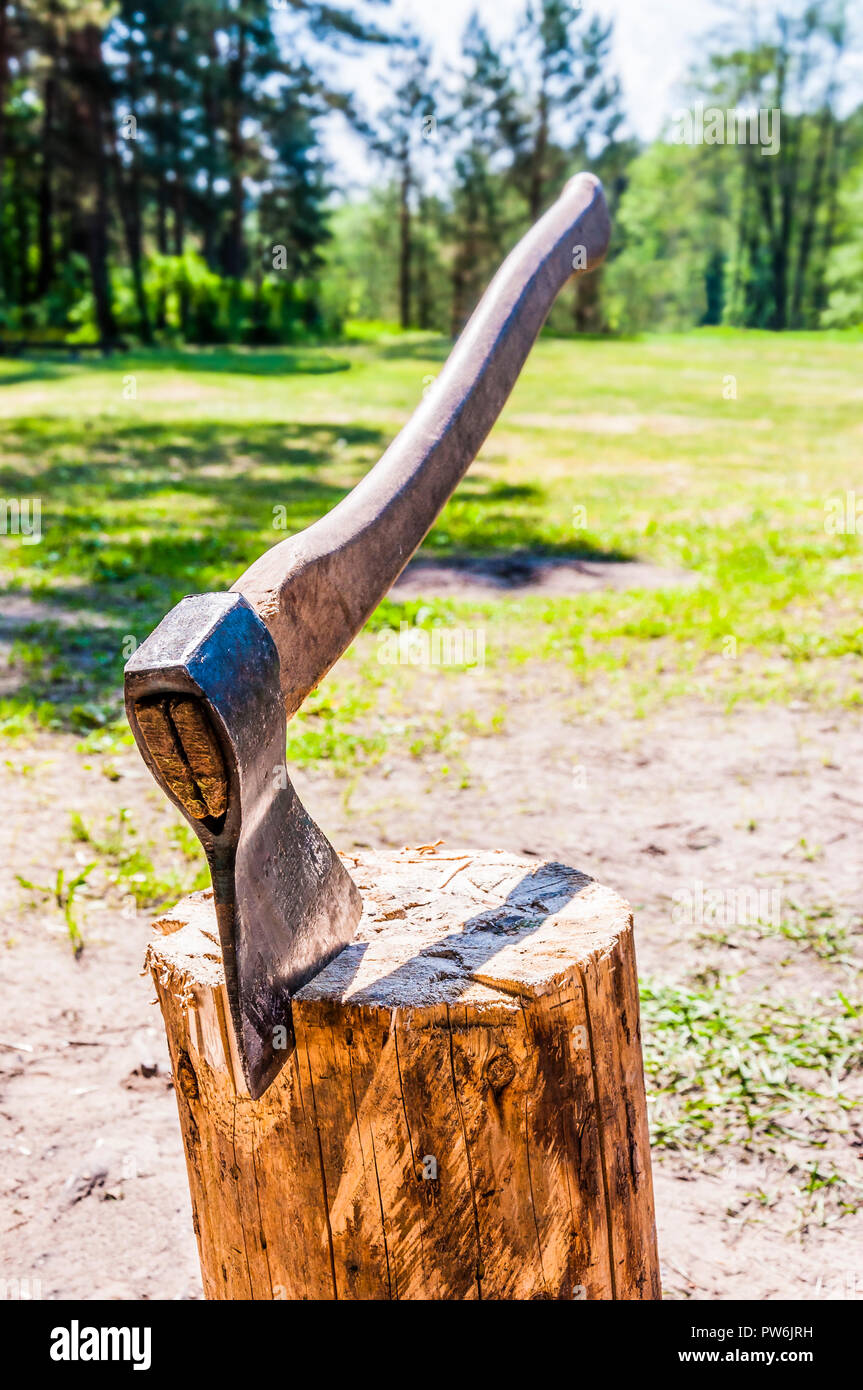 Old vintage iron ax with wooden handle stuck in a log Stock Photo - Alamy