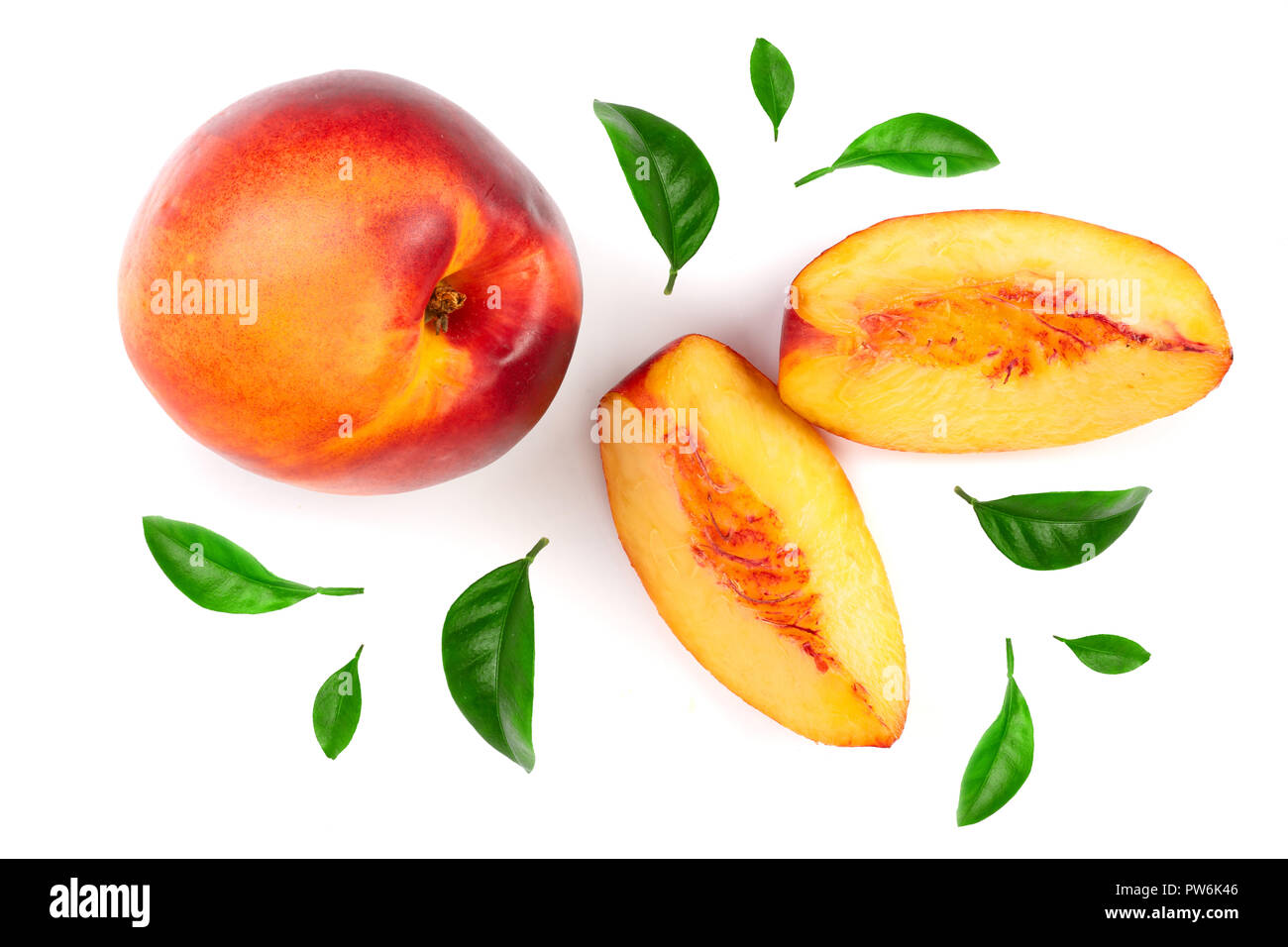 ripe nectarine with leaves isolated on white background. Top view. Flat ...