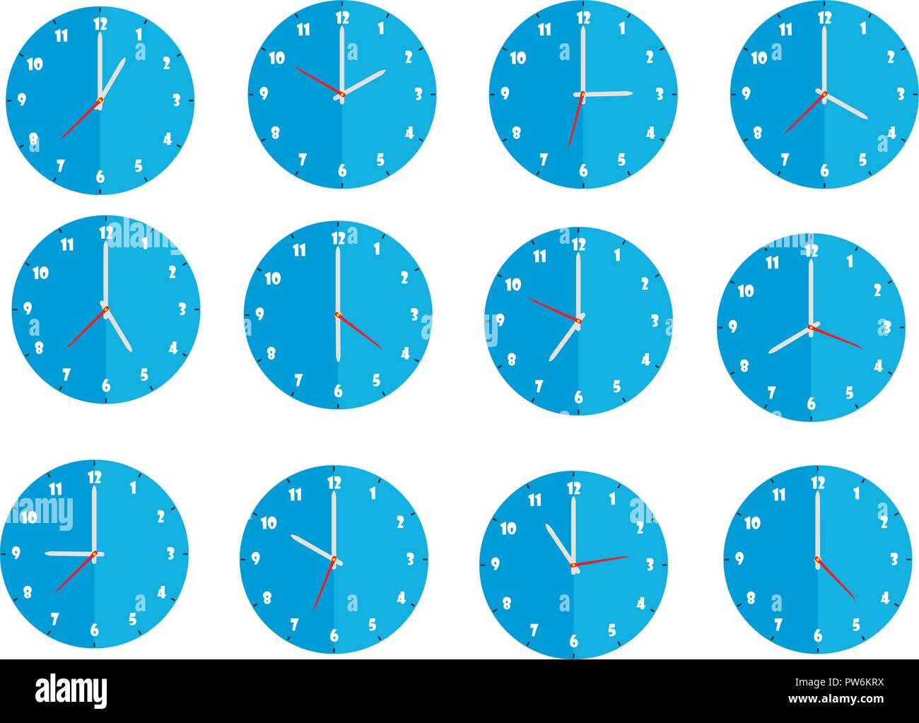 Set of twelve flat blue round design wall clocks isolated on white ...