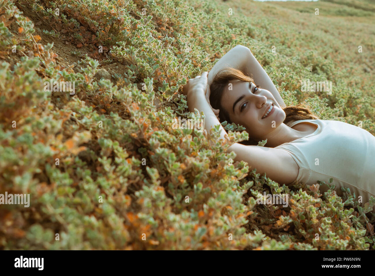 close up caucasian women smile leisure side the river Stock Photo - Alamy