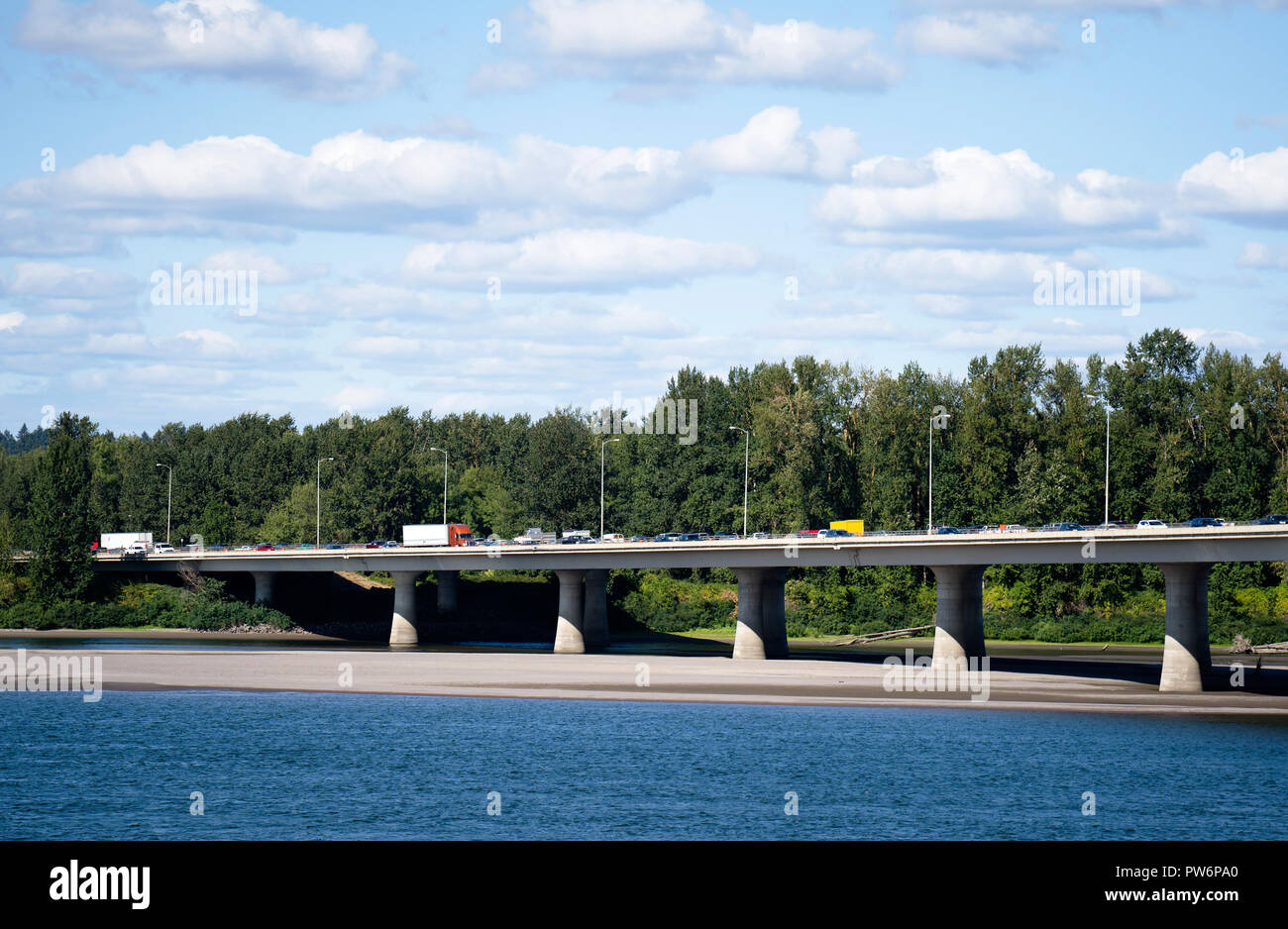 Long automobile bridge with interstate highway going across the ...