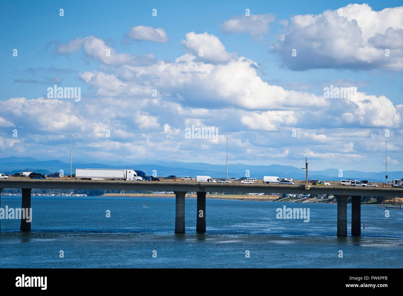 Long transportation bridge with interstate highway going across the ...