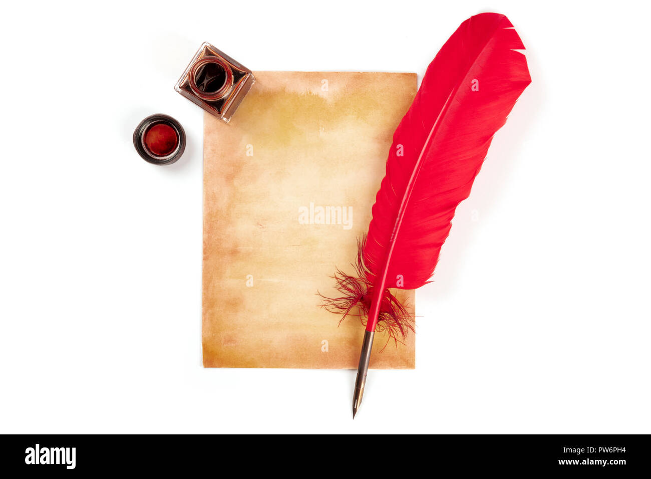 A vintage background with a red quill on a piece of old paper, with an ...