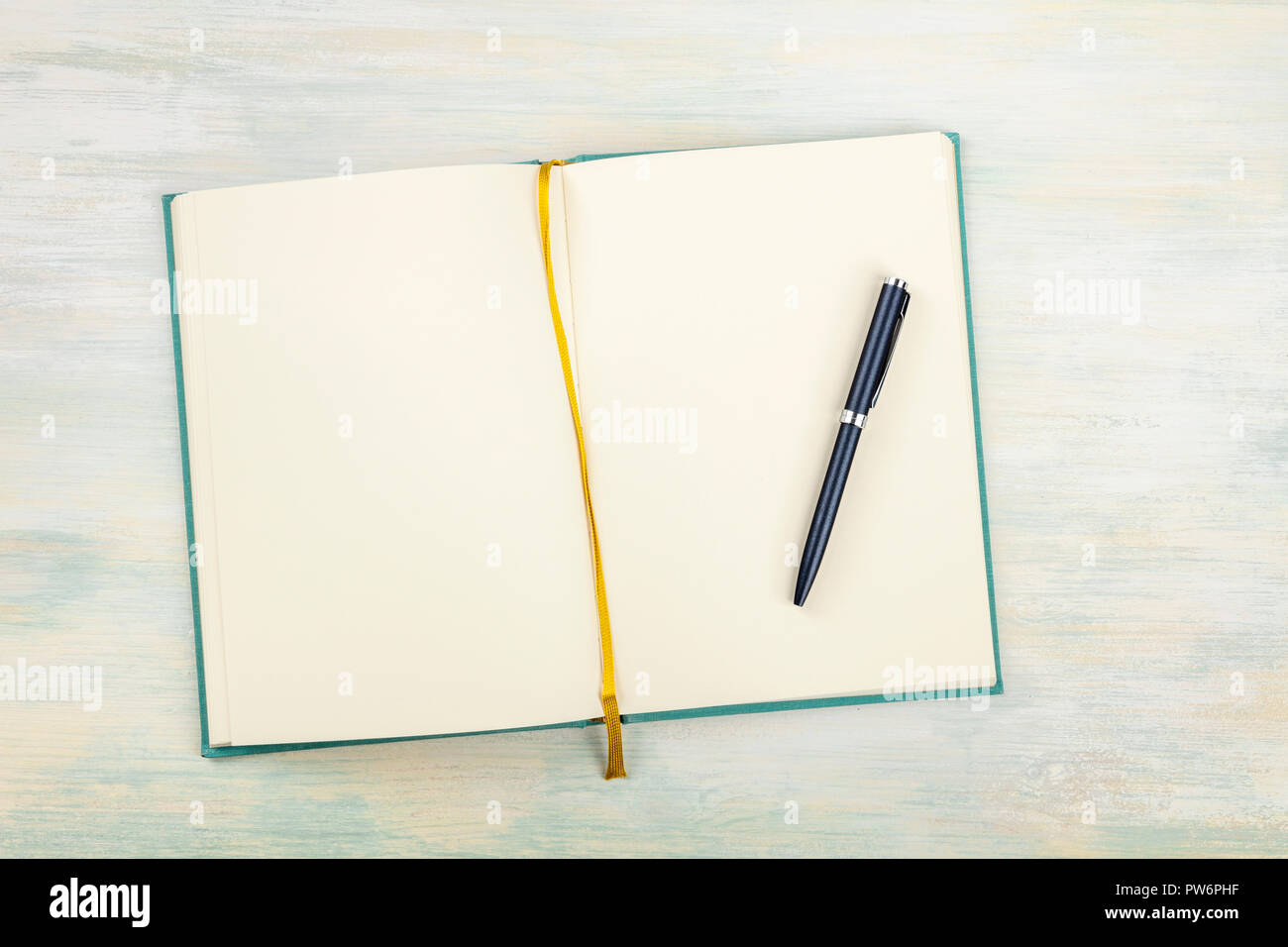 A top shot of an open journal with a pen on a light background with a ...