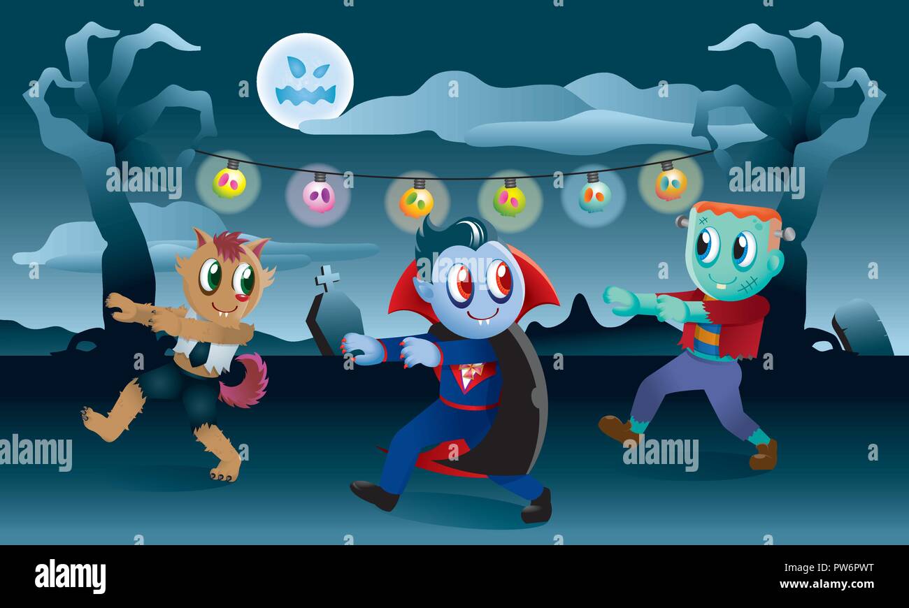 A group of monsters playing together in Halloween night Stock Vector ...
