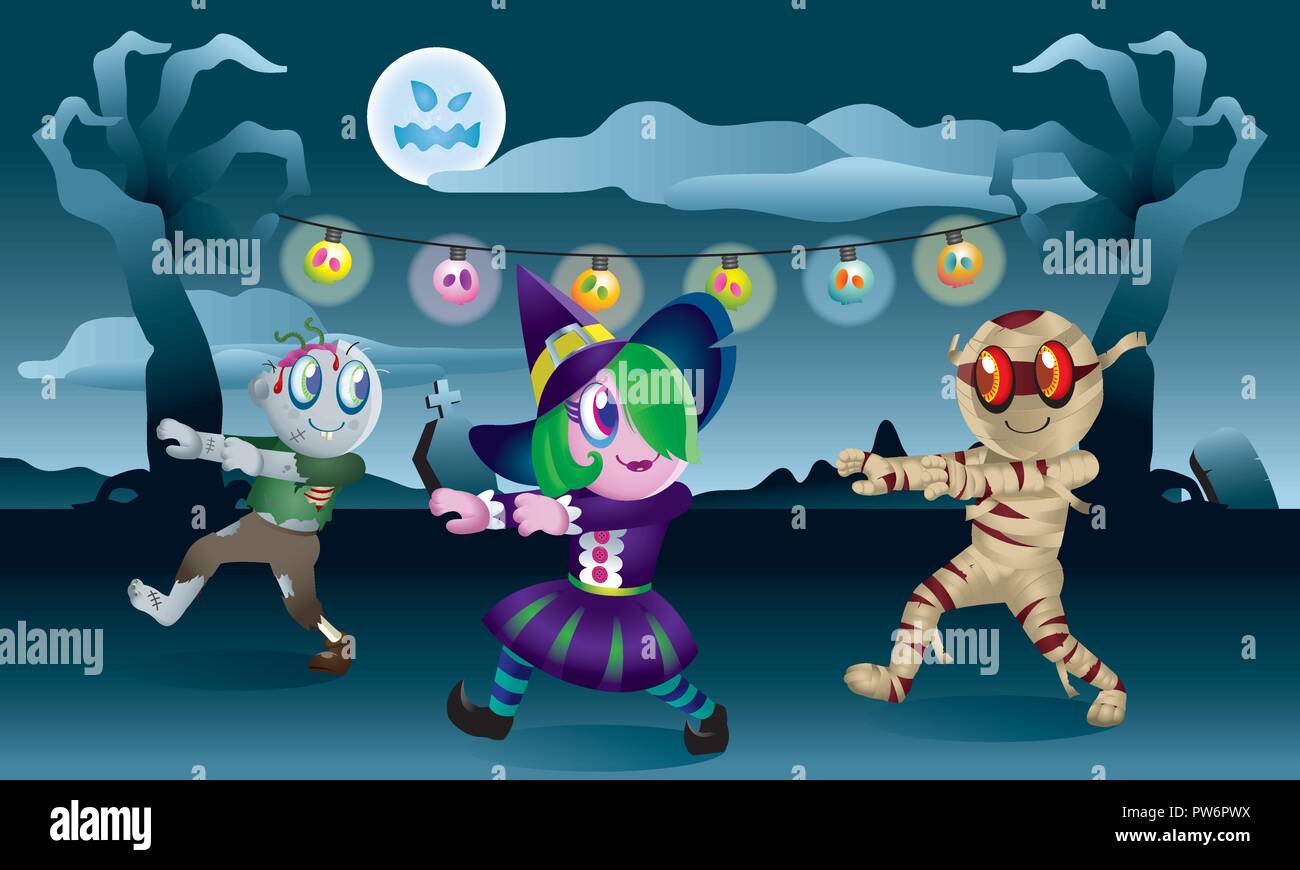 A group of monsters playing together in Halloween night Stock Vector ...