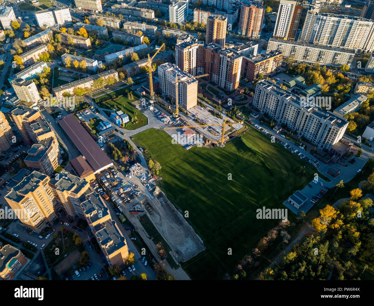 Aerial view of the construction site of a building in the industrial ...