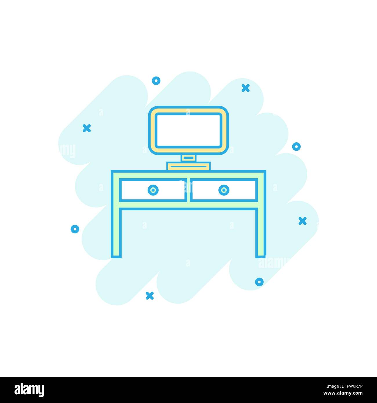 Vector cartoon furniture table with laptop computer icon in comic style ...