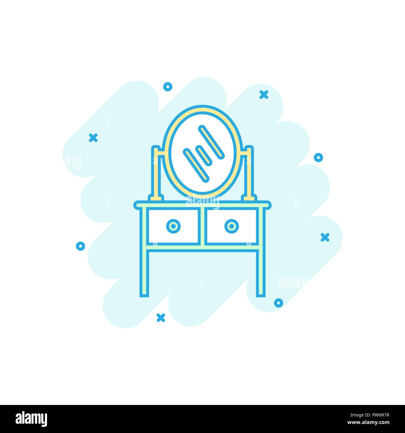 Vector cartoon furniture table with mirror computer icon in comic style ...